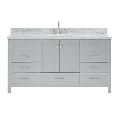 ARIEL Single Bath Vanity 67" Inch Grey, 1.5" Edge Carrara Marble Countertop & Splash, Rectangular Sink, 2 Soft Closing Doors, 9 Full Extension Dovetail Drawers, Brushed Nickel