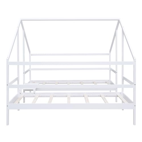 BOVZA Double Twin Size Triangular House Beds for Kids, Wood Bed Frame with Built-in Table, 2 Twin Platform Beds for Kids Teens, White