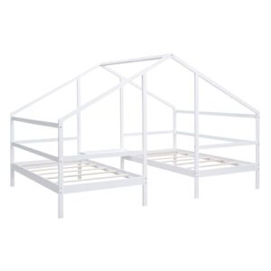 BOVZA Double Twin Size Triangular House Beds for Kids, Wood Bed Frame with Built-in Table, 2 Twin Platform Beds for Kids Teens, White