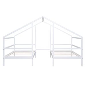 BOVZA Double Twin Size Triangular House Beds for Kids, Wood Bed Frame with Built-in Table, 2 Twin Platform Beds for Kids Teens, White