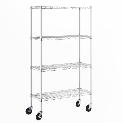 Furinno Wayar 4-Tier Metal Storage Shelf Rack Cart with Casters, 36 x 14 x 58, Stainless Steel