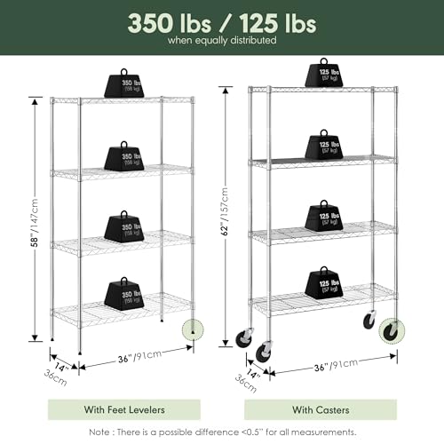 Furinno Wayar 4-Tier Metal Storage Shelf Rack Cart with Casters, 36 x 14 x 58, Stainless Steel