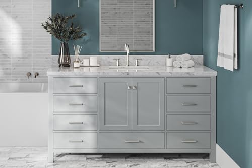 ARIEL Single Bath Vanity 67" Inch Grey, 1.5" Edge Carrara Marble Countertop & Splash, Rectangular Sink, 2 Soft Closing Doors, 9 Full Extension Dovetail Drawers, Brushed Nickel