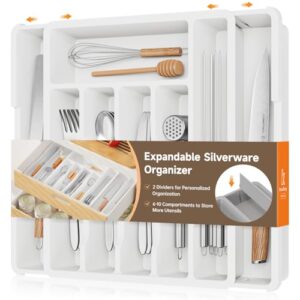 kreuraxy expandable silverware cutlery utensil organizer tray for kitchen drawers, 13 to 22.8 inch adjustable design with 2 divider, flatware tableware tray for spoon spatula forks, large, white