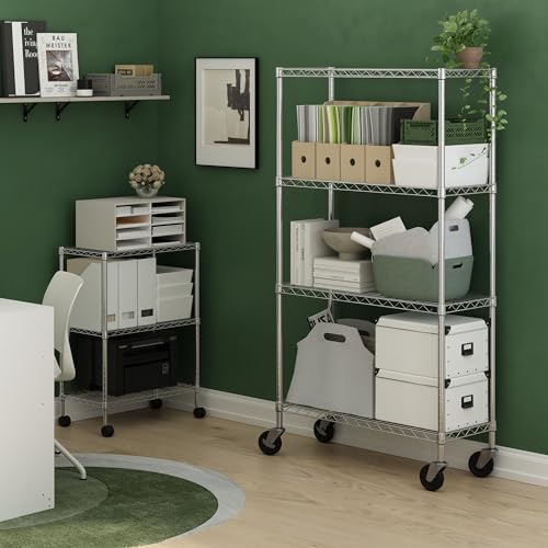 Furinno Wayar 4-Tier Metal Storage Shelf Rack Cart with Casters, 36 x 14 x 58, Stainless Steel