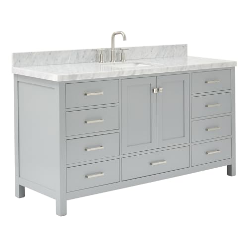 ARIEL Single Bath Vanity 67" Inch Grey, 1.5" Edge Carrara Marble Countertop & Splash, Rectangular Sink, 2 Soft Closing Doors, 9 Full Extension Dovetail Drawers, Brushed Nickel