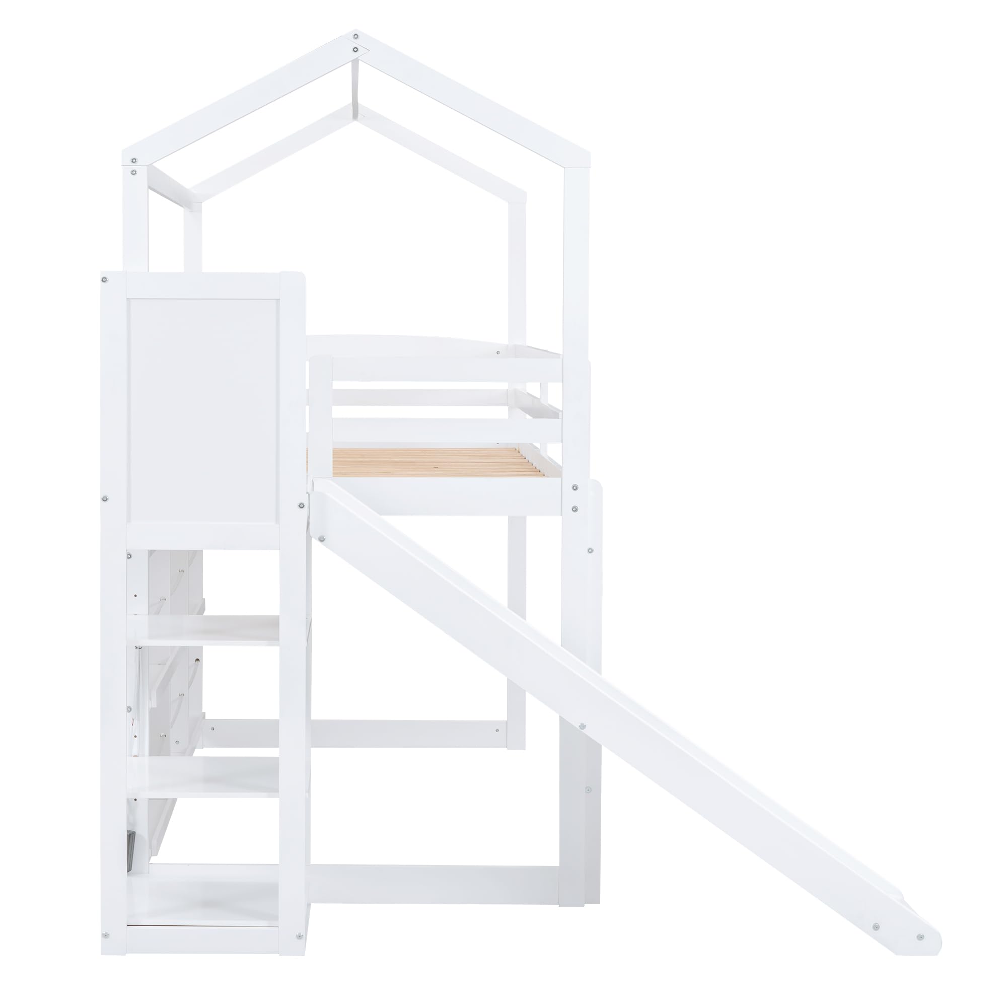 Merax Twin Size House Loft Bed with Slide and Storage Shelves, Wood Loft Bed for Boys & Girls (White)