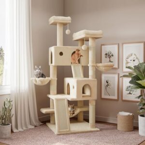 sha cerlin 65in larger cat tree tower condo for indoor cats, multi-level furniture activity center with wide base/cozy plush cat perches/baskets/sisal scratching posts and hammock/beige