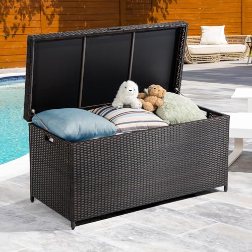 Idzo Outdoor Wicker Storage Box, 1000 Hours UV Wicker Cushion Storage Box for Patio Durable Against Water & Weather, 136 Gallon Large Deck Box, Soft-Close Hinge & Extra Poly Bag Included - Brown