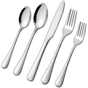 suoundey 5pcs stainless steel silverware set, kitchen cutlery set, mirror polished forks knives and spoons set for home and restaurant, rust resistant eating utensil set