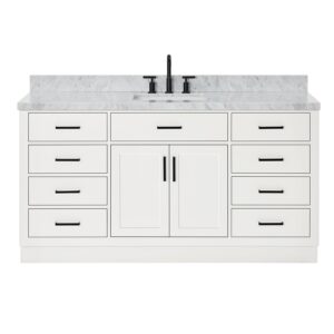 ariel single bath vanity 67" white, 1.5" carrara marble countertop & splash, rectangular sink, 2 soft closing doors, 9 full extension dovetail drawers, toe kick, matte black