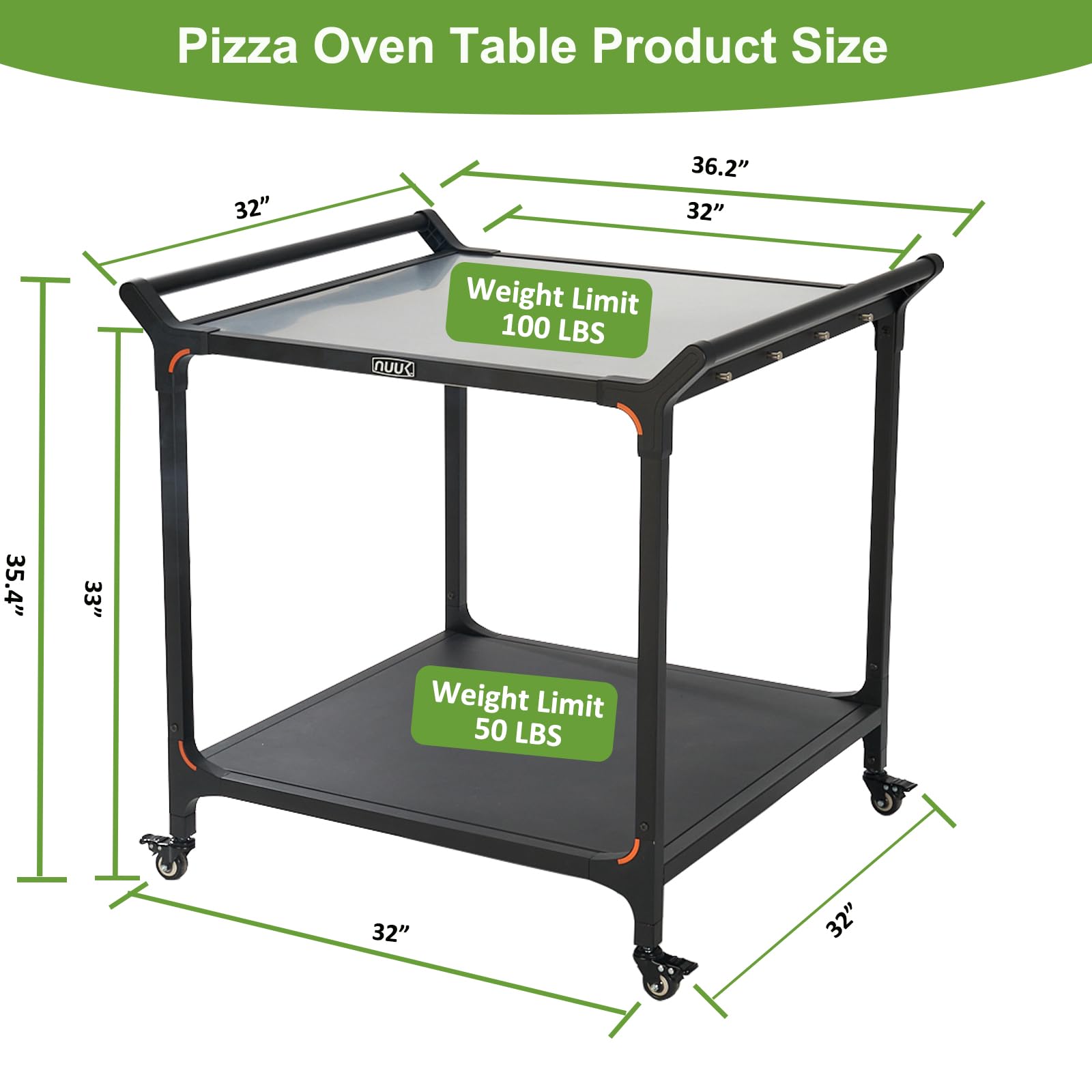 NUUK Outdoor Grill Cart with Double-Shelf 32" x 32" Grilling Prep Table Stainless Steel Rolling Outdoor Pizza Oven Table with Solid Steel Frame, Outdoor Cooking Station, Outdoor Dining Bar