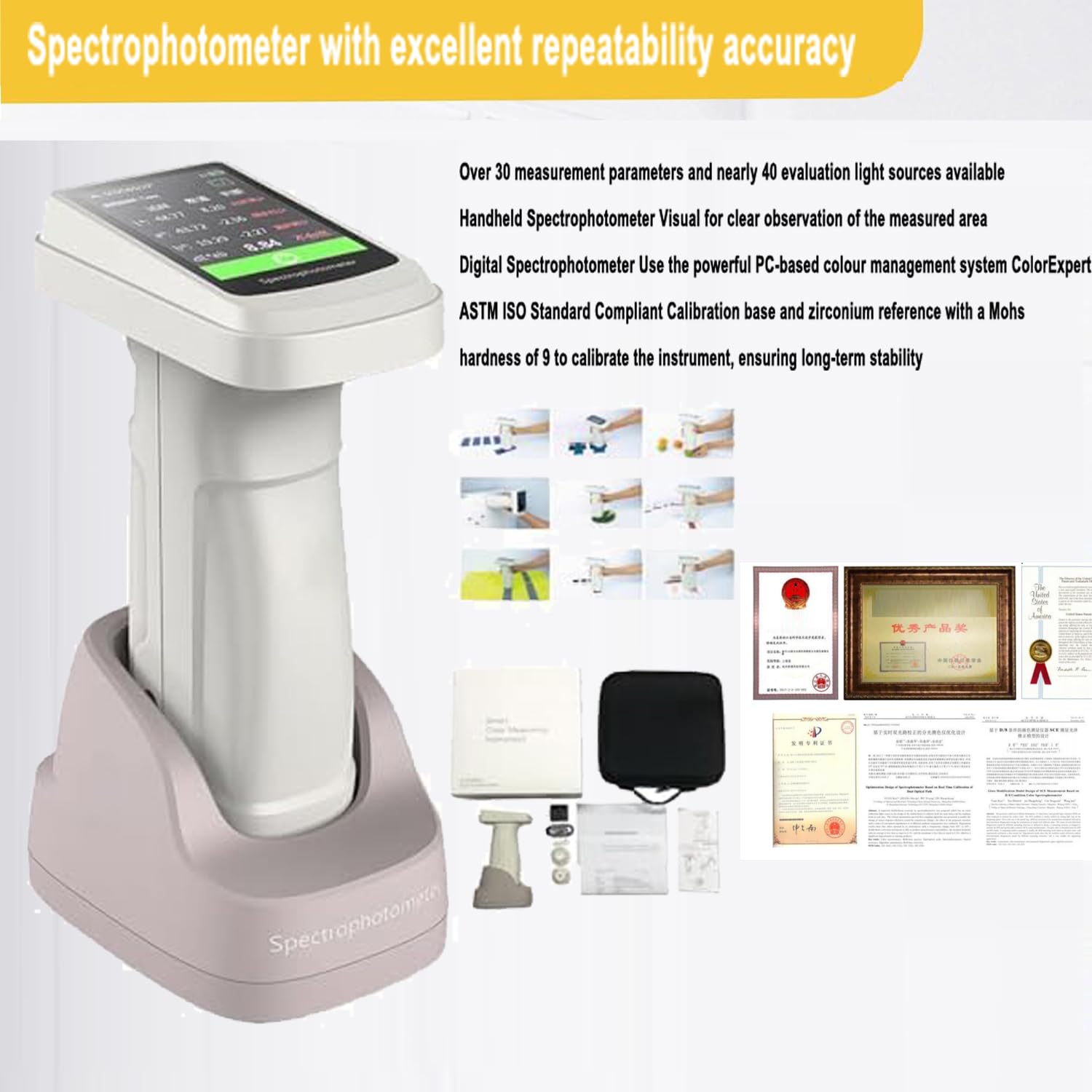 VTSYIQI Spectrophotometer Portable Spectrophotometer D/8 Spectrocolorimeter with Accuracy 0.04 Aperture Φ8mm Φ11mm 10000 Data Storage Ultra high Repeatability Auto Calibration for Printing ASTM ISO