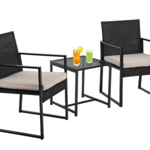 PayLessHere 3-Piece Rattan Wicker Bistro Set Outdoor Conversation Set Sturdy Frame Wicker Furniture with 2 Chairs Cushions Tempered Glass Table for Poolside Balcony Patio Bar Garden (Khaki)