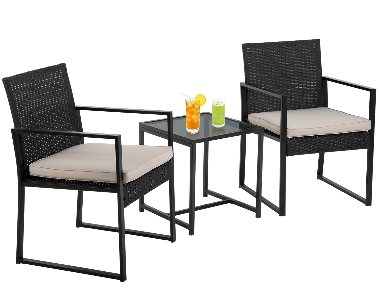 PayLessHere 3-Piece Rattan Wicker Bistro Set Outdoor Conversation Set Sturdy Frame Wicker Furniture with 2 Chairs Cushions Tempered Glass Table for Poolside Balcony Patio Bar Garden (Khaki)