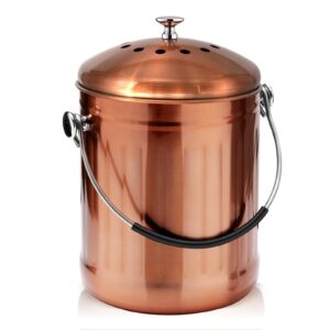 enloy compost bin for kitchen countertop, 1.3 gallon matte copper stainless steel compost bucket with lid, odorless food waste bucket with 2 charcoal filters, indoor compost pail with soft-grip handle