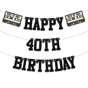 happy 40th birthday banner - 40th birthday party decorations, retro cassette tape best of 1984 bunting garland, 80’s theme party supplies black glitter