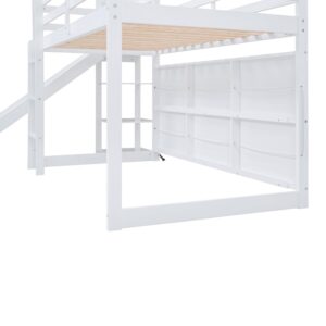 Merax Twin Size House Loft Bed with Slide and Storage Shelves, Wood Loft Bed for Boys & Girls (White)