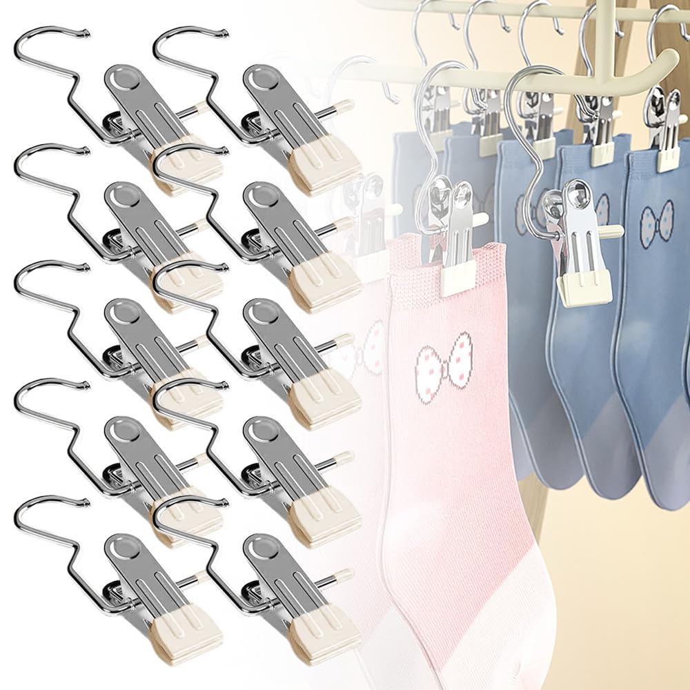 30 PCS Anti-Rust Clip Space-Saving Clothespin Hat Pants Storage Hanging Travel Hook, Upgrade Heavy Duty Hanging Hooks Clip, 360° Rotating Stainless Steel Hanger Clips Towel Clips (30, White)