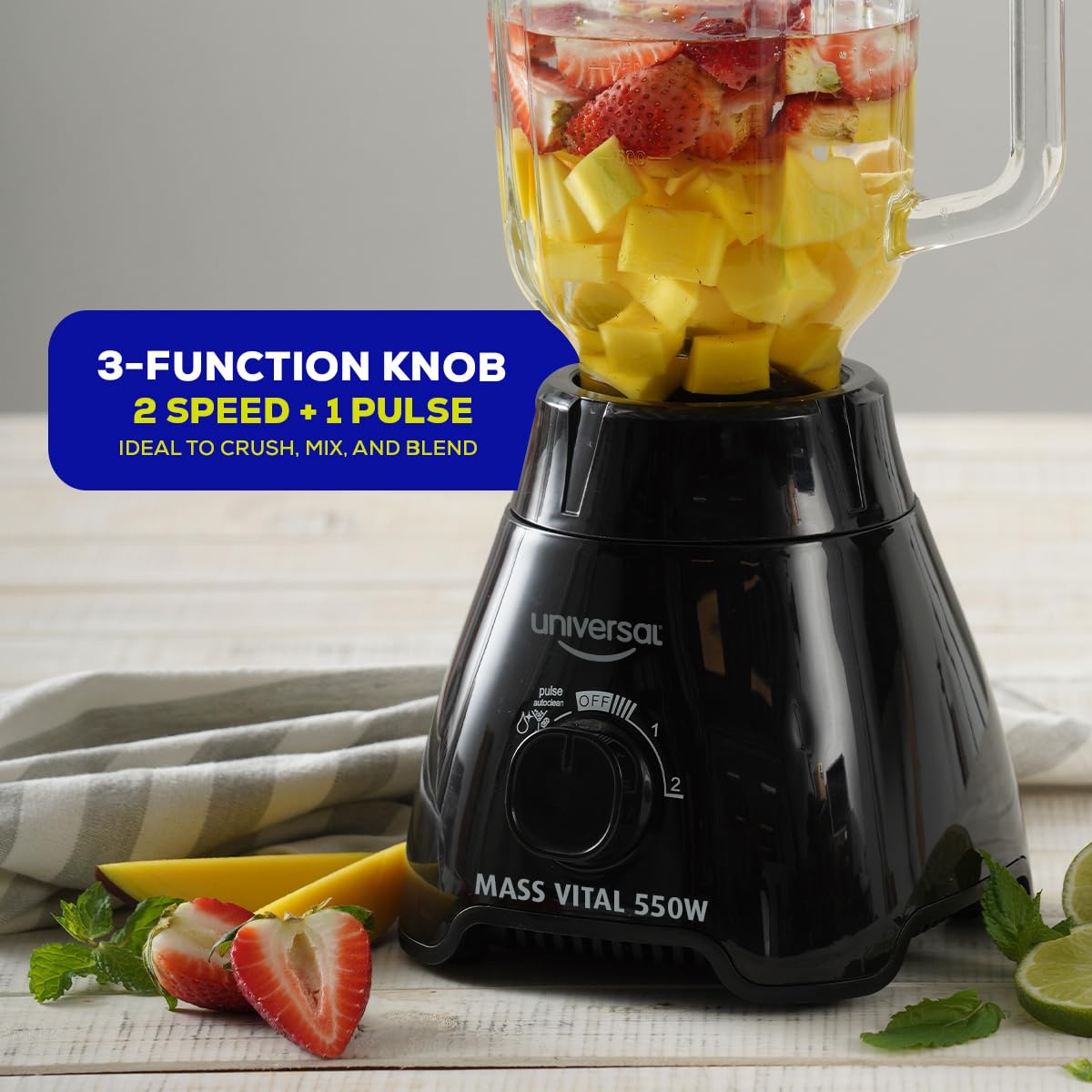 Universal 550W Mass Vital Blender with Glass Jar 57 Oz / 1.7 Liter / 1.8 Quart, 2 Speed + Pulse Function and 4 Stainless Steel Blade with Chrome Steel Technology