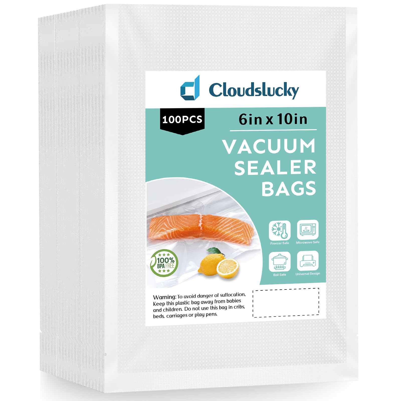 Cloudslucky Vacuum Sealer Bags for Food Pint 6"x10" 100 Pcs Seal a Meal Bag, Food Saver Bags Sous Vide Bags Pre-cut Thick BPA-Free Textured Heavy Duty Vacuum Seal, Meat Cheese Dry Goods