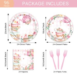 Tea Party Supplies Tableware Kit for 24 Guests Let's Partea Birthday Bridal Shower Party Paper Plates Napkins Floral Garden Party Decorations Favors for Girls Women