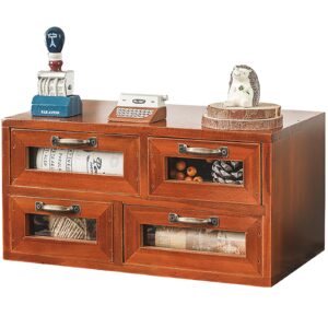 store and display wooden desk top organizer cabinet - mahogany wood display chest with 4 see-through drawers - additional storage for work table, vanity, dresser shelf or kitchen counter