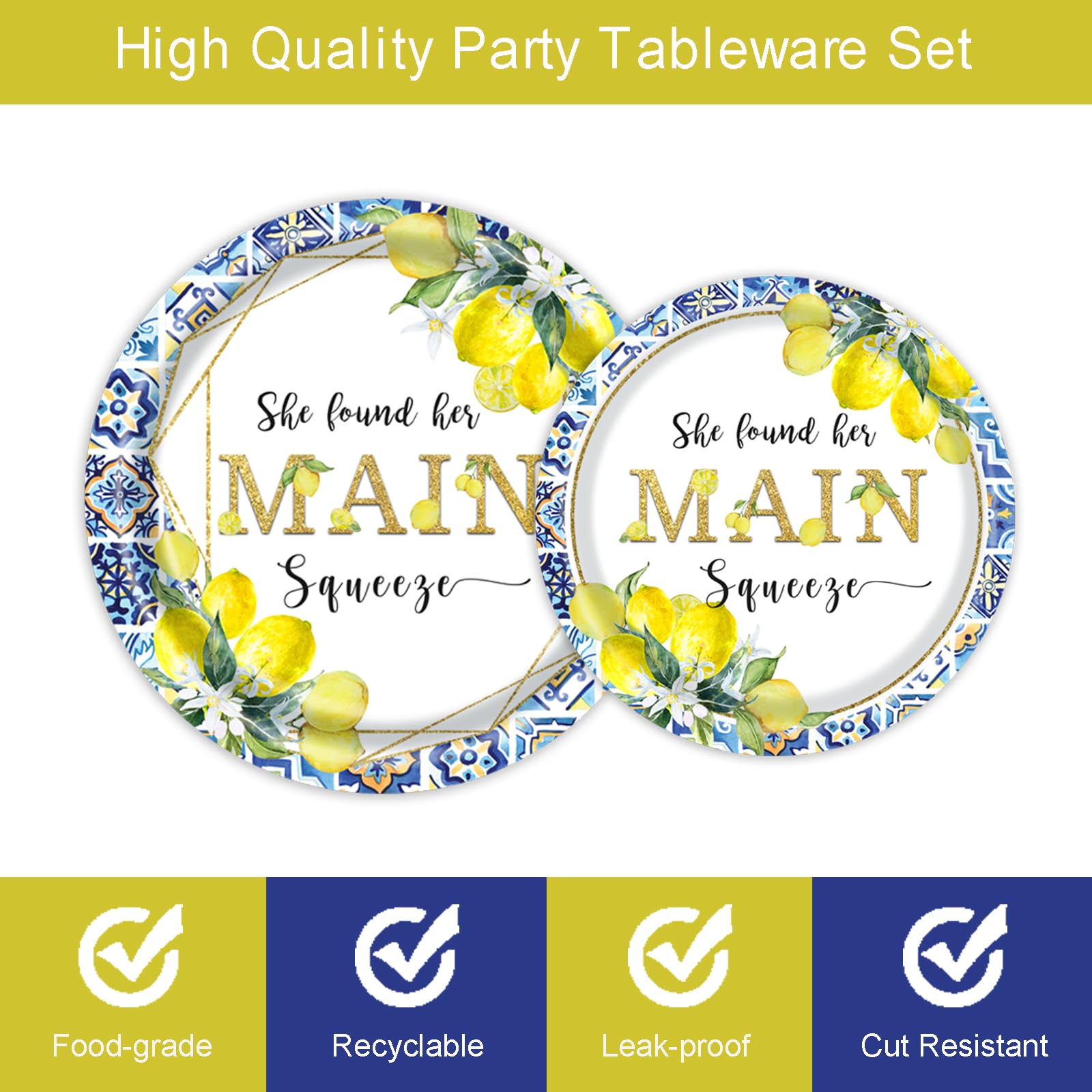 96 Pcs Lemon Bridal Shower Plates and Napkins Party Supplies She Found Her Main Squeeze Engagement Tableware Set Blue Tiles Morocco Mediterranean Party Decorations Serves 24