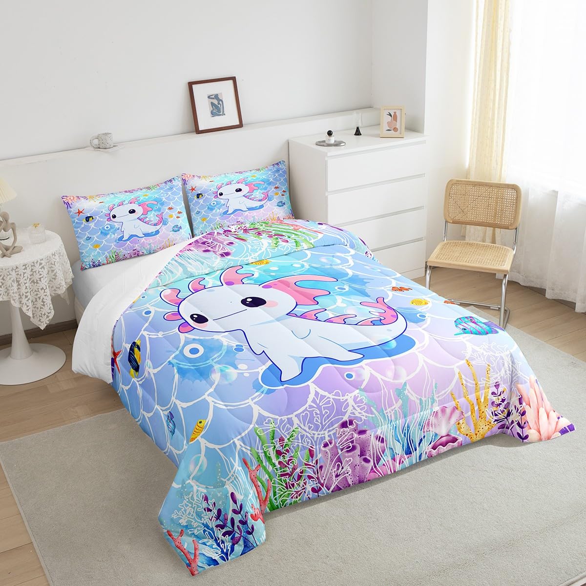 Cartoon Axolotl Kids Comforter Set Twin Size,Mermaid Scales Marine Romantic Bedding Set,Girls Boys Women Room Decor,Ocean Animals Cute Down Comforter,Blue Purple Dreamy Duvet Insert,1 Pillowcase