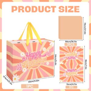 Large Groovy Happy Birthday Gift Bag with Card and Tissue Paper Boho Hippie Birthday Party Favors Daisy Flower Birthday Gift Wrap Bag with Handles for Retro Birthday Baby Shower Party Supplies