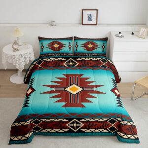 southwest comforter set queen size,geometric aztec tribal striped print quilt set rustic western bedding set for kids girls woman men room decor,adult retro turquoise red duvet insert 3pcs