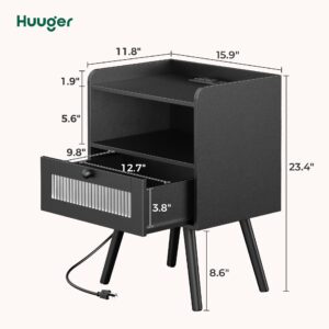 Huuger Night Stand Set of 2, Nightstand with Charging Station and LED Light Strips, Bedside Table with Glass Decorative Drawer, End Table Side Table with Solid Wood Feet, for Bedroom, Black