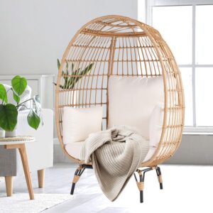 otsun wicker egg chair, oversized egg basket chair for living room, backyard, outdoor indoor lounger with 4 cushions, 440lb capacity, steel frame, ivory