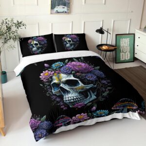 AILONEN Sugar Skull Duvet Cover Set King Size,3D Floral Skull Printed Comforter Cover Set,Exotic Skeleton Mystic Mushroom Bedding Set for Boys Girls 3 Pieces, 1 Quilt Cover and 2 Pillowcases