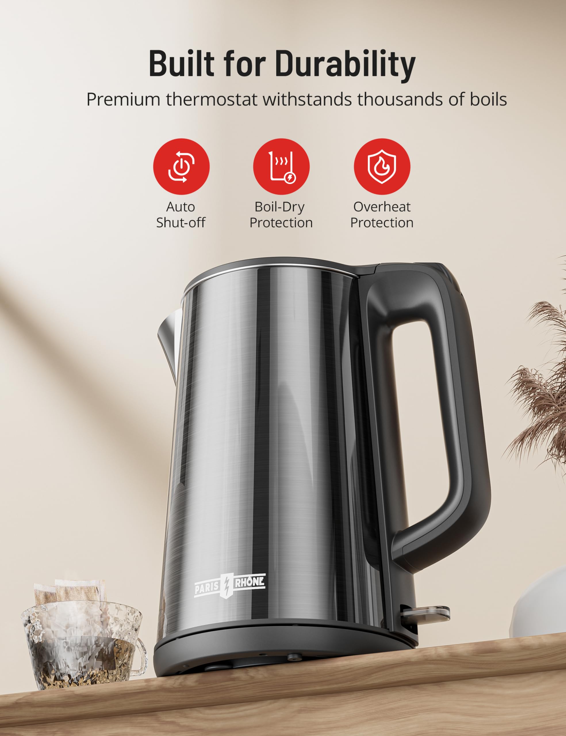 Electric Kettle Stainless Steel, Paris Rhône 1.7 Liter Cordless Hot Water Boiler Electric Tea Kettle BPA-Free, Electric Kettle For Boiling Water Auto Shut Off & Boil-Dry Protection