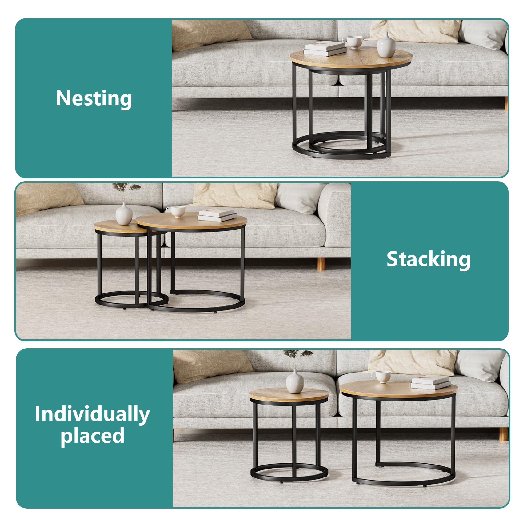 Smuxee Nesting Coffee Table Set of 2, 23.6" Round Coffee Table Brown Wood with Adjustable Non-Slip Feet, Industrial End Table Side Tables for Living Room Bedroom Balcony Yard