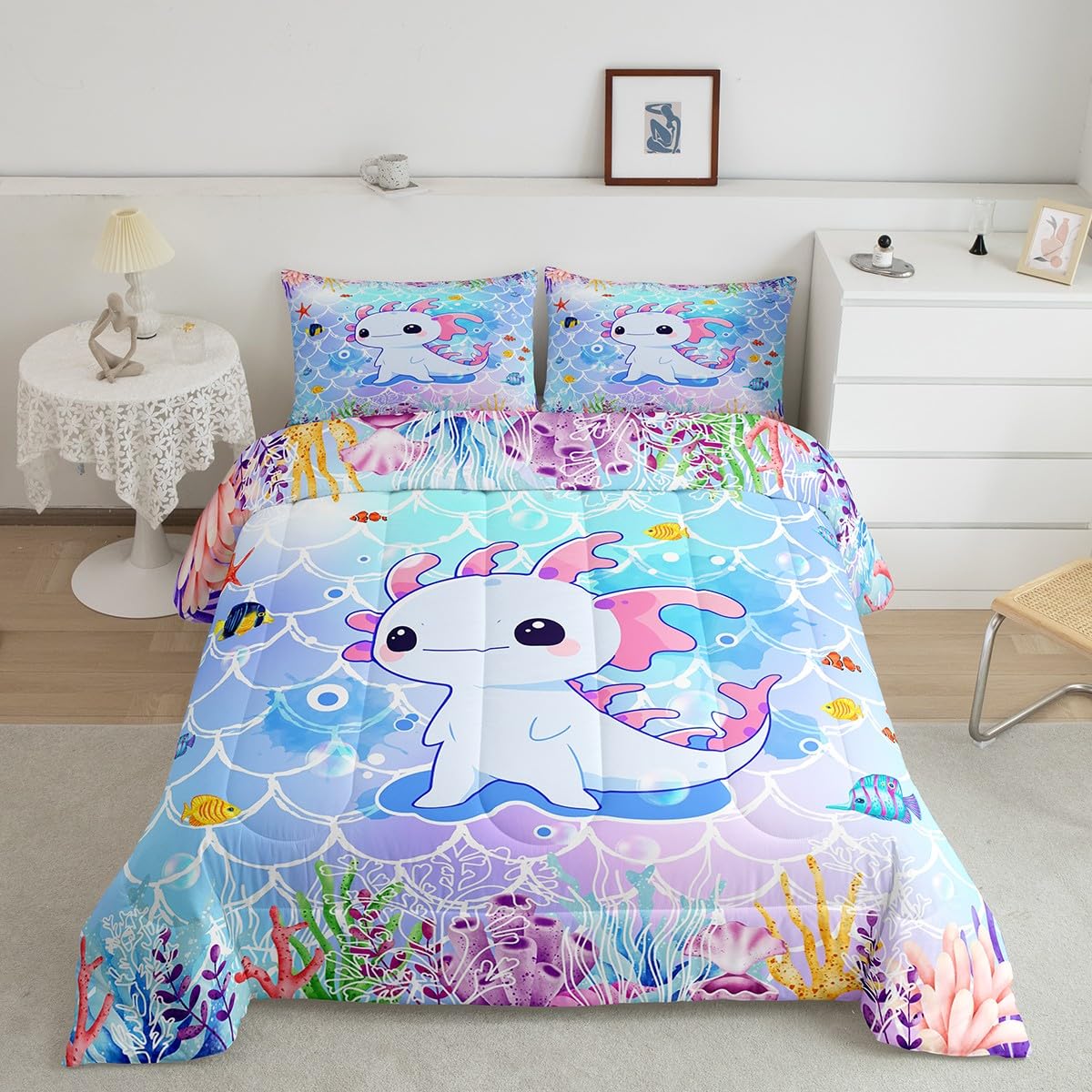 Cartoon Axolotl Kids Comforter Set Twin Size,Mermaid Scales Marine Romantic Bedding Set,Girls Boys Women Room Decor,Ocean Animals Cute Down Comforter,Blue Purple Dreamy Duvet Insert,1 Pillowcase