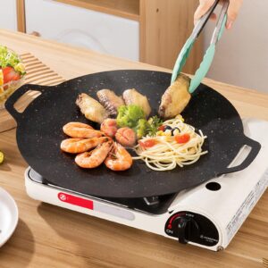 damohony non-stick pan 15 inch, korean grill pan for gas/electric stove top, round bbq griddle pan with hangable handles, portable bbq grill flat pans for outdoor home baking pancakes ribs