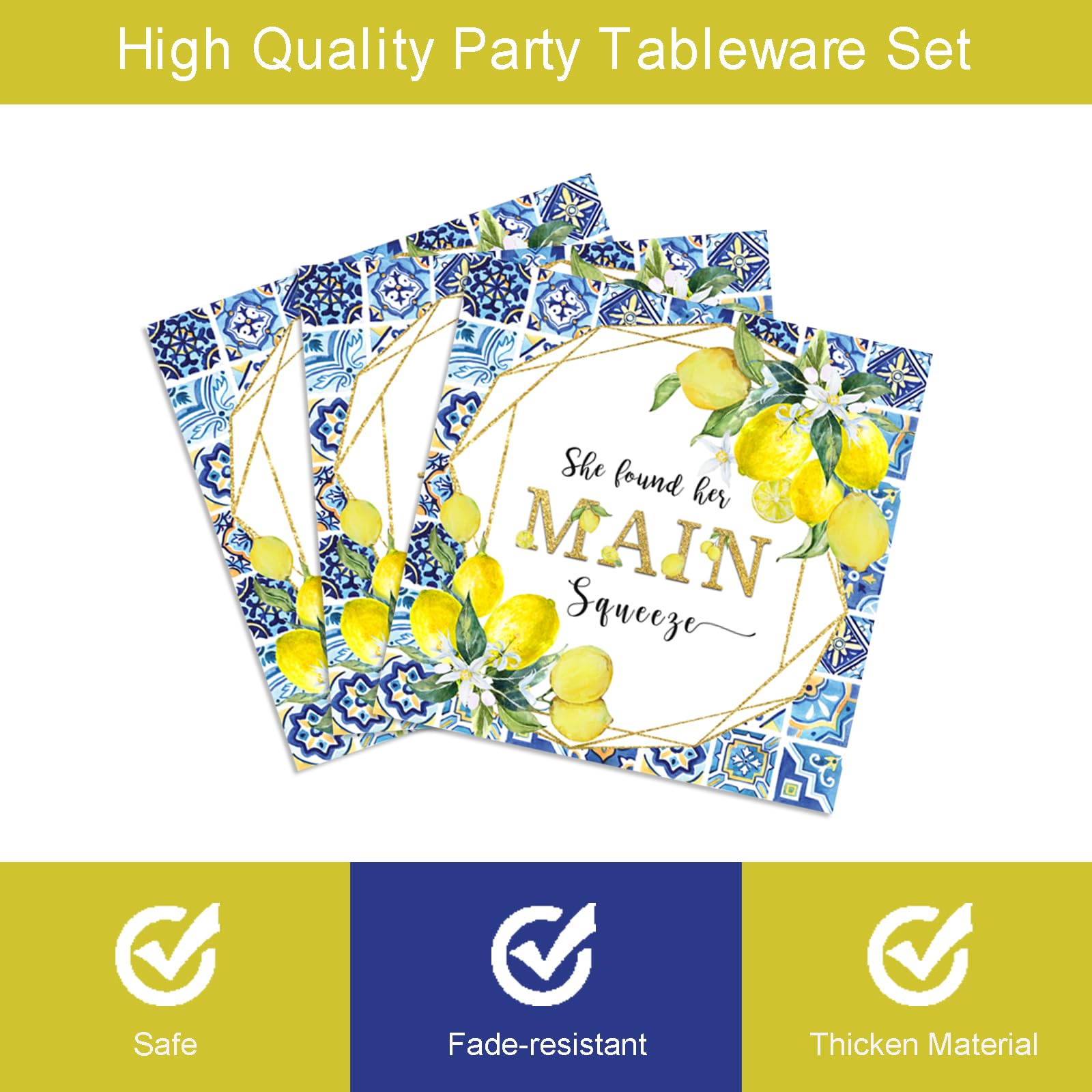 96 Pcs Lemon Bridal Shower Plates and Napkins Party Supplies She Found Her Main Squeeze Engagement Tableware Set Blue Tiles Morocco Mediterranean Party Decorations Serves 24