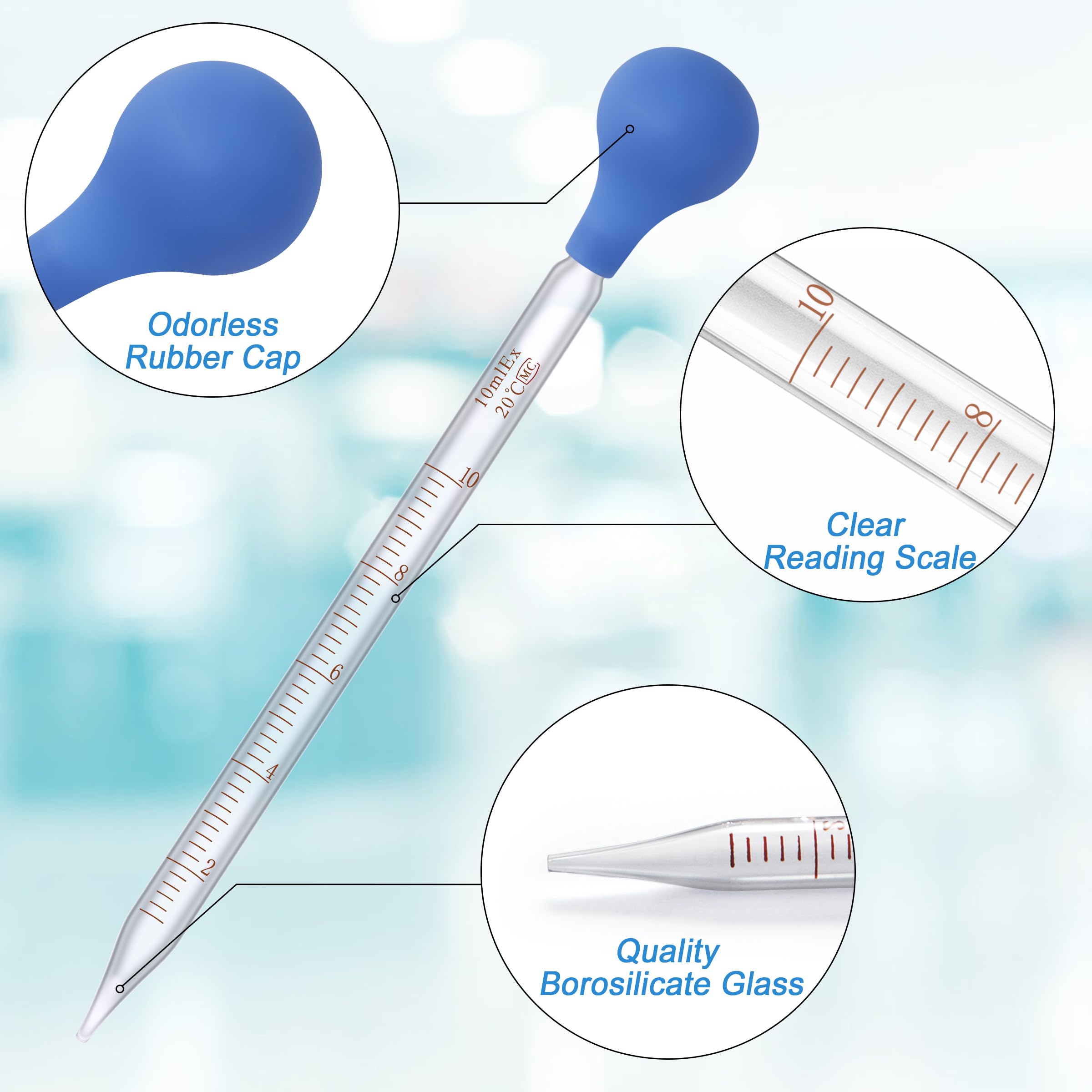 3Pcs Glass Pipettes Droppers, 10ml Graduated Droppers with Rubber Cap, Stir Rod and Cleaning Brush, Transfer Pipettes for Liquid and Essential Oil