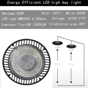 200W-4Pack UFO LED High Bay Light,22000lm 6000K Daylight 2000W Equivalent with US Plug Cable LED Garage Lights Commercial Warehouse Area Light Workshop Garage Factory Lowbay Area Lighting