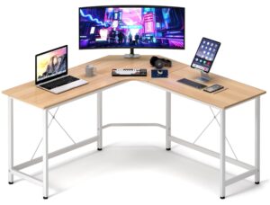 soges l shaped desk, 59inch l desk computer corner desk, gaming desk, home office writing desk, space-saving workstation desk, maple