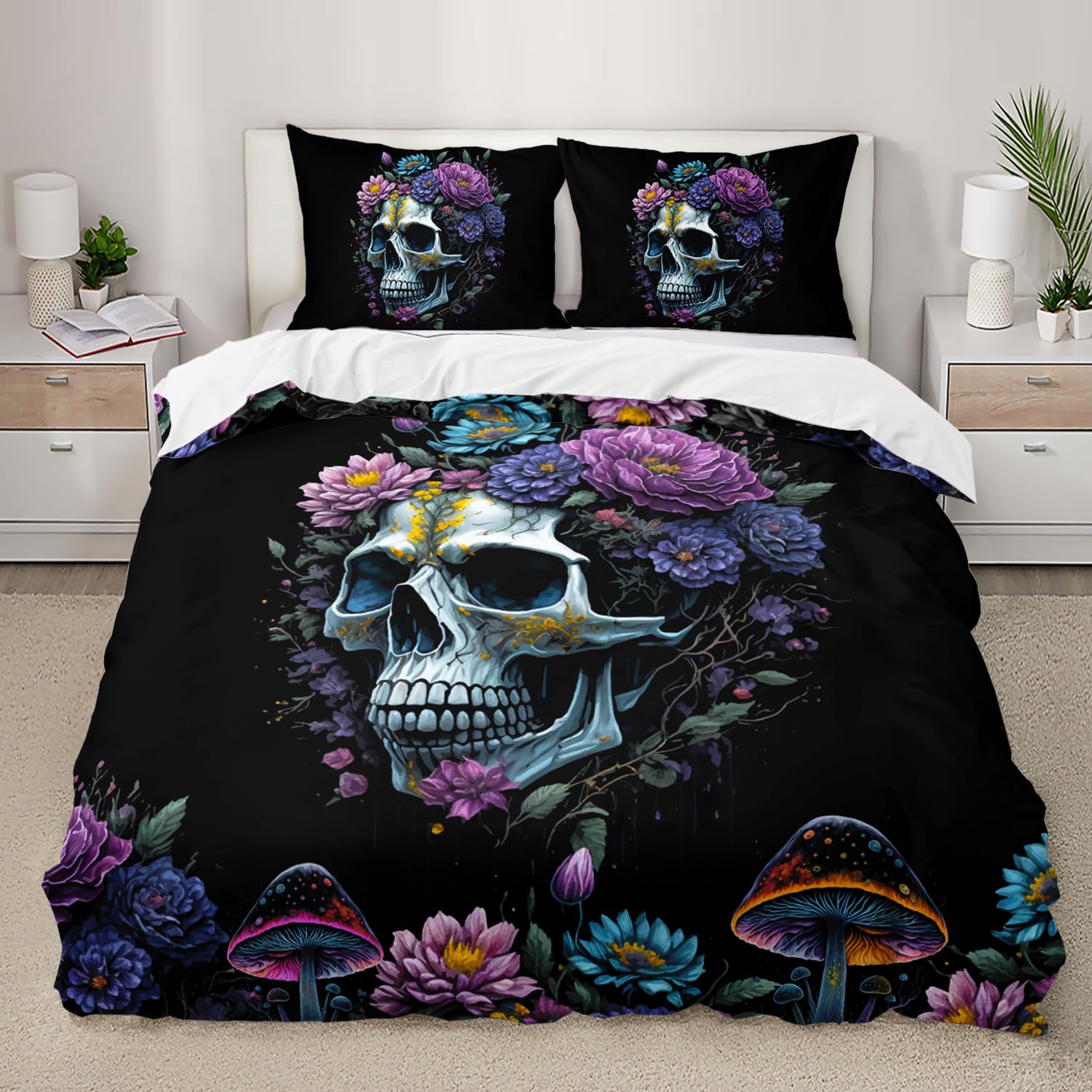 AILONEN Sugar Skull Duvet Cover Set King Size,3D Floral Skull Printed Comforter Cover Set,Exotic Skeleton Mystic Mushroom Bedding Set for Boys Girls 3 Pieces, 1 Quilt Cover and 2 Pillowcases