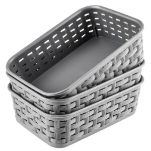 3 pack small plastic basket, storage bin baskets for organizing, pantry organizer household wicker storage for laundry room, bedrooms, kitchens, cabinets, countertops, dark gray