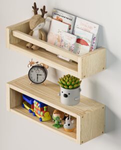 qimcoor nursery shelves with lip, 5.7 inch deep floating shelf with extra cube shelf, natural solid wood kids bookshelf, baby nursery decor for wall (natural-2pack, 16.5in)