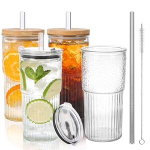 moretoes glass cups with lids and straws, 20 oz glass tumbler with lid and straw iced coffee cup, glass cups for juice water smoothie, glass drinking set of 4