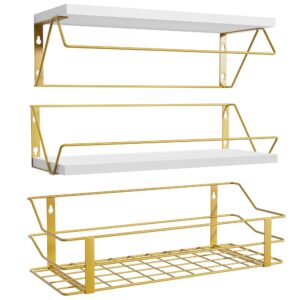 Love-KANKEI Floating Shelves for Wall, Bathroom Shelves Over Toilet with Towel Bar,Wall Shelves with Storage Wire Basket, Wood Shelves for Bedroom Kitchen Living Room Books, Set of 3, White &Gold