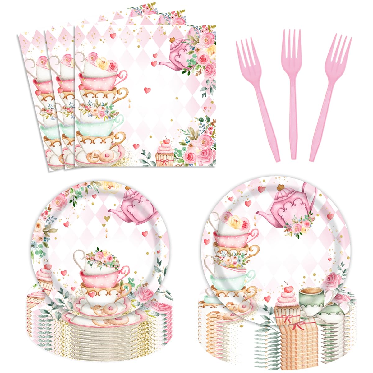 Tea Party Supplies Tableware Kit for 24 Guests Let's Partea Birthday Bridal Shower Party Paper Plates Napkins Floral Garden Party Decorations Favors for Girls Women