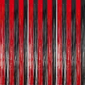 merear backdrop for party decorations, 3 pack black and red foil fringe curtains party decor 8.2 * 3.3 ft tinsel streamers birthday party decorations photo fringe backdrop for party, graduation