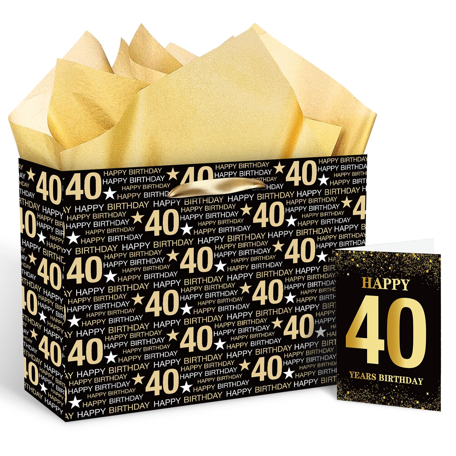 RUMIA Black Gold 40th Birthday Gift Bag with Tissue Paper and 40th Birthday Greeting Card, 40th Birthday Gift Wrapping Paper Bag for Men Women 40th Birthday Party Supplies